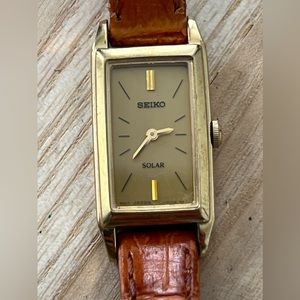 Seiko | Accessories | Seiko Solar Ladies Watch Gold Tone Rectangular Dial Genuine Leather Strap ...